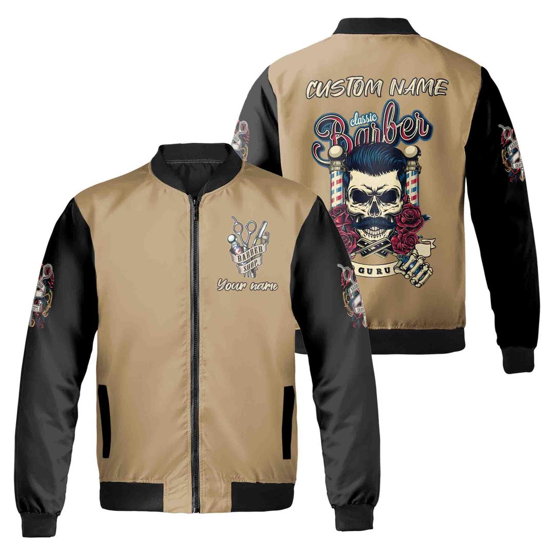 Customized Name Classic Barbershop With Gentleman Skull Barber Bomber ...