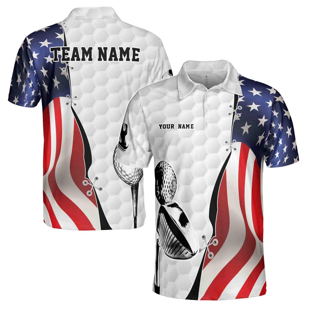 Custom Name Team American Flag Golfer Stick Silhouette Men's Polo Shirt ...