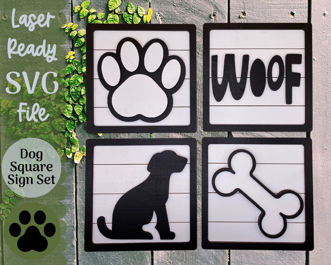 Dog Sign Set SVG File for Laser Cutters, 4 Signs With Shiplap and Dog ...
