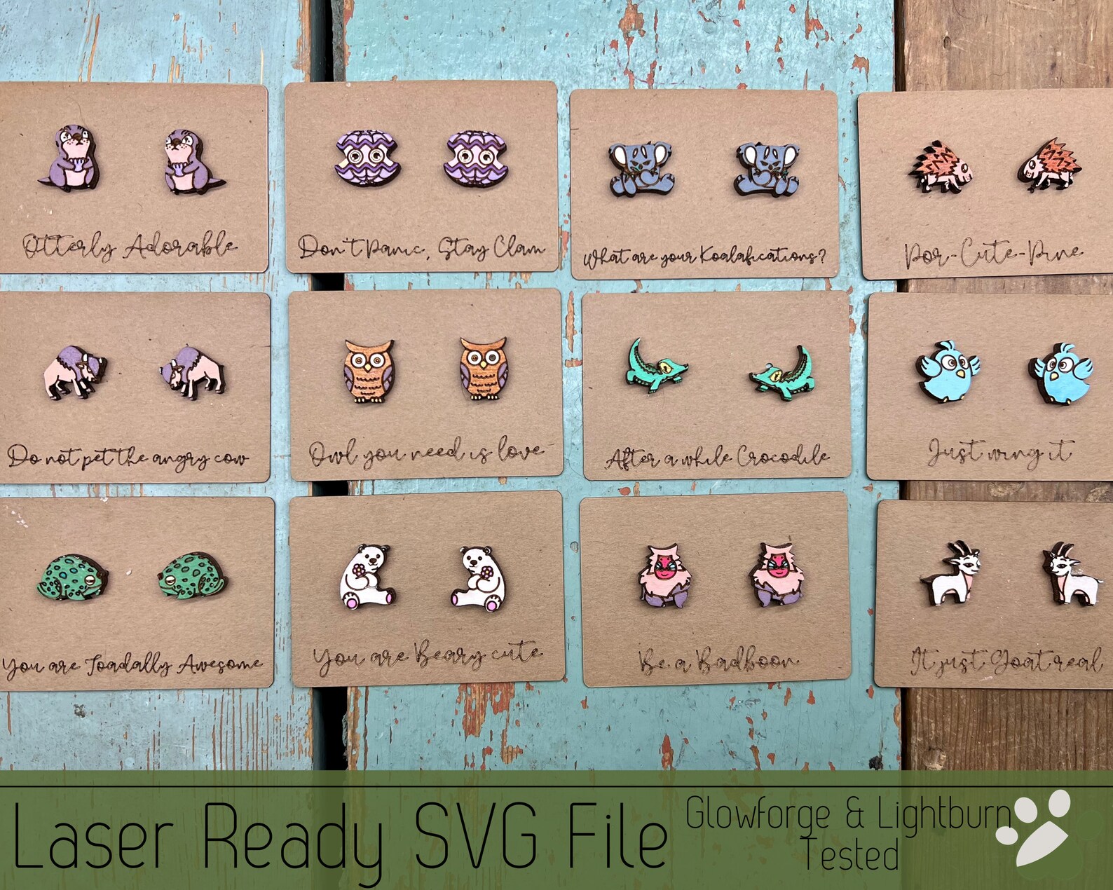 12 Animal Stud Earrings With Earring Cards SVG File for Laser Cutters ...