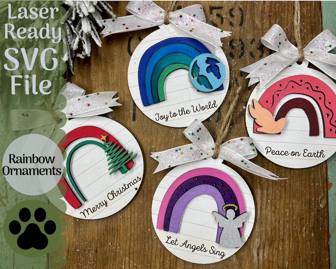 4 Rainbow Christmas Ornaments SVG File for Laser Cutters, Glowforge ...