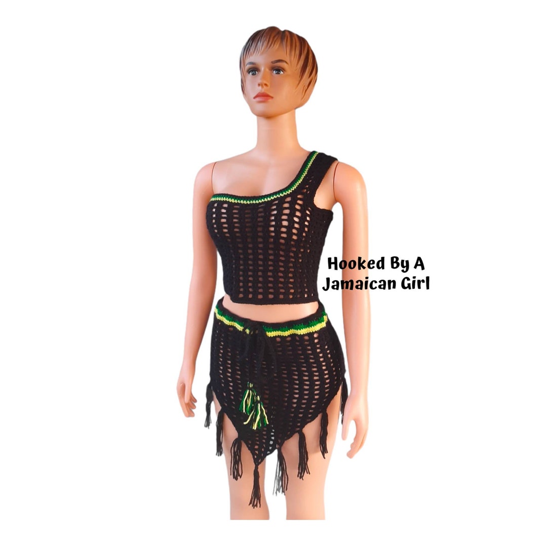Jamaican One Shoulder Crop Top With Skirt Crochet Mesh Triangle Skirt ...
