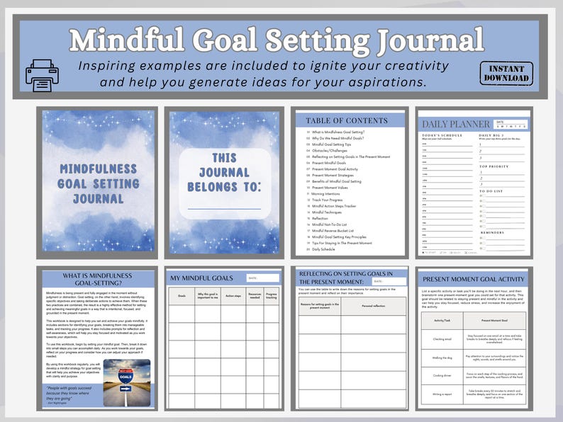 Mindful Goal Setting Journal | Printable Goal Planner | Bonus Mind Map ...