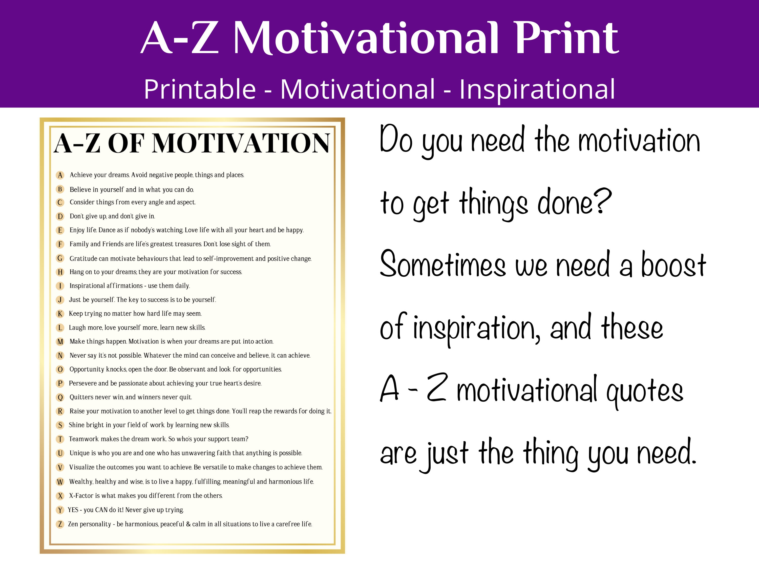 Motivational Quotes A Z Motivational Quotes Poster - Etsy