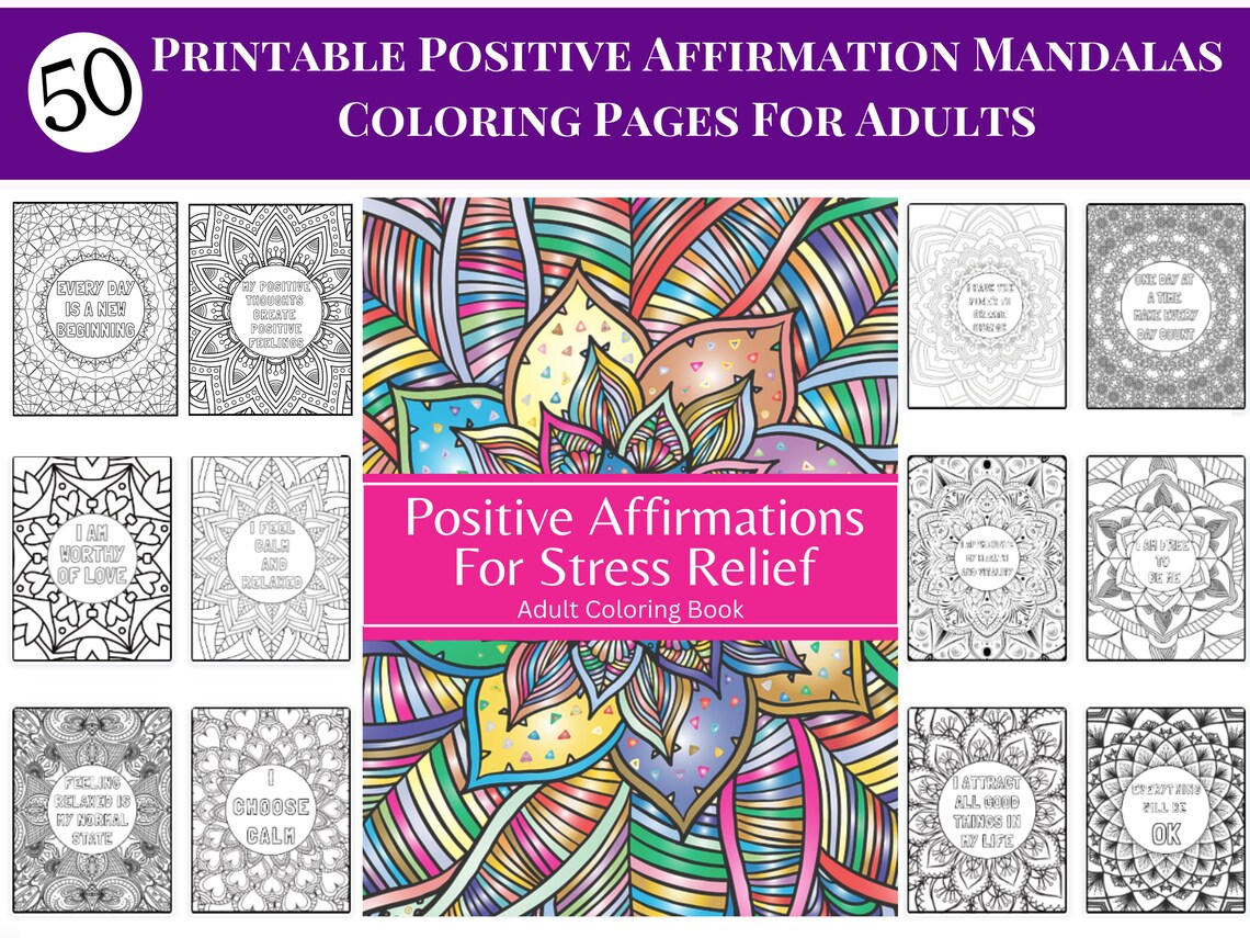 Printable Positive Affirmations Adult Coloring Pages for Stress Relief ...
