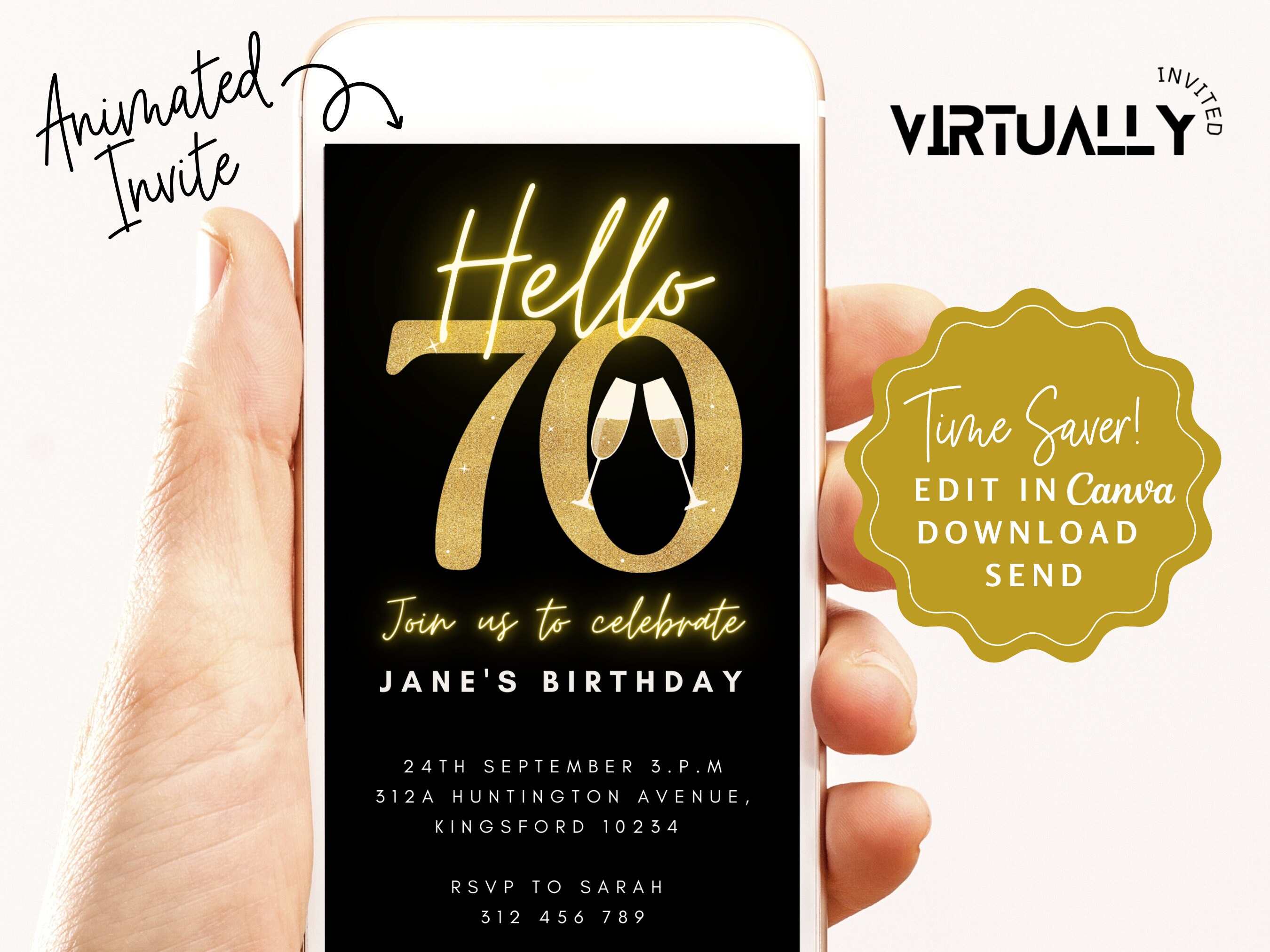 Electronic 70th Birthday Invitation, 70th Birthday Evite Editable CANVA ...