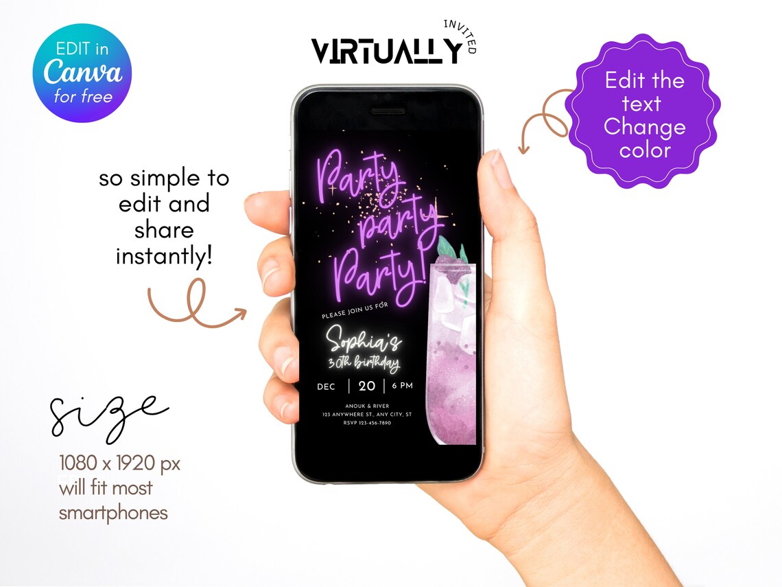 Purple Party Invitation Template Editable Text Message - Etsy