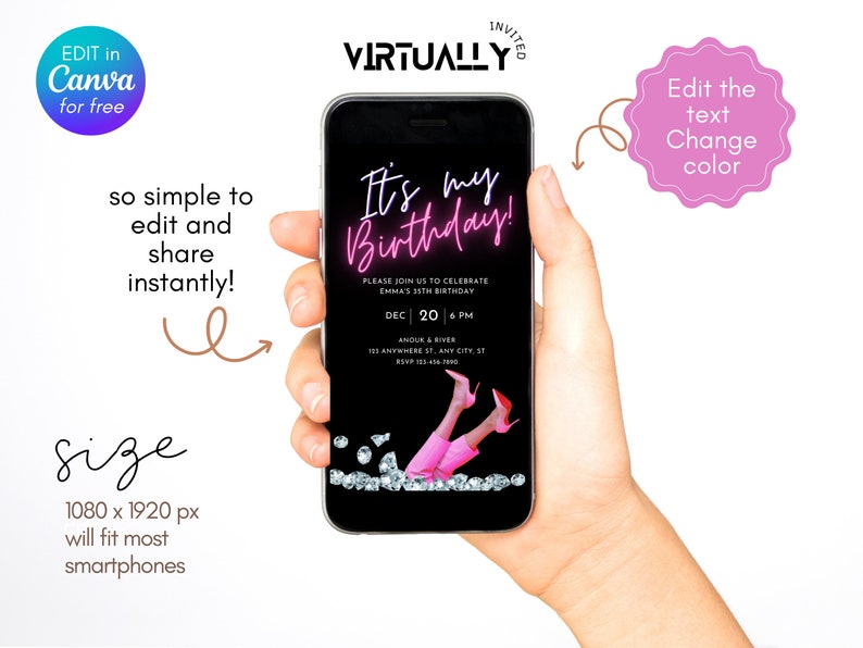 Electronic Birthday Invitation for Women CANVA Dinner Party Mobile ...