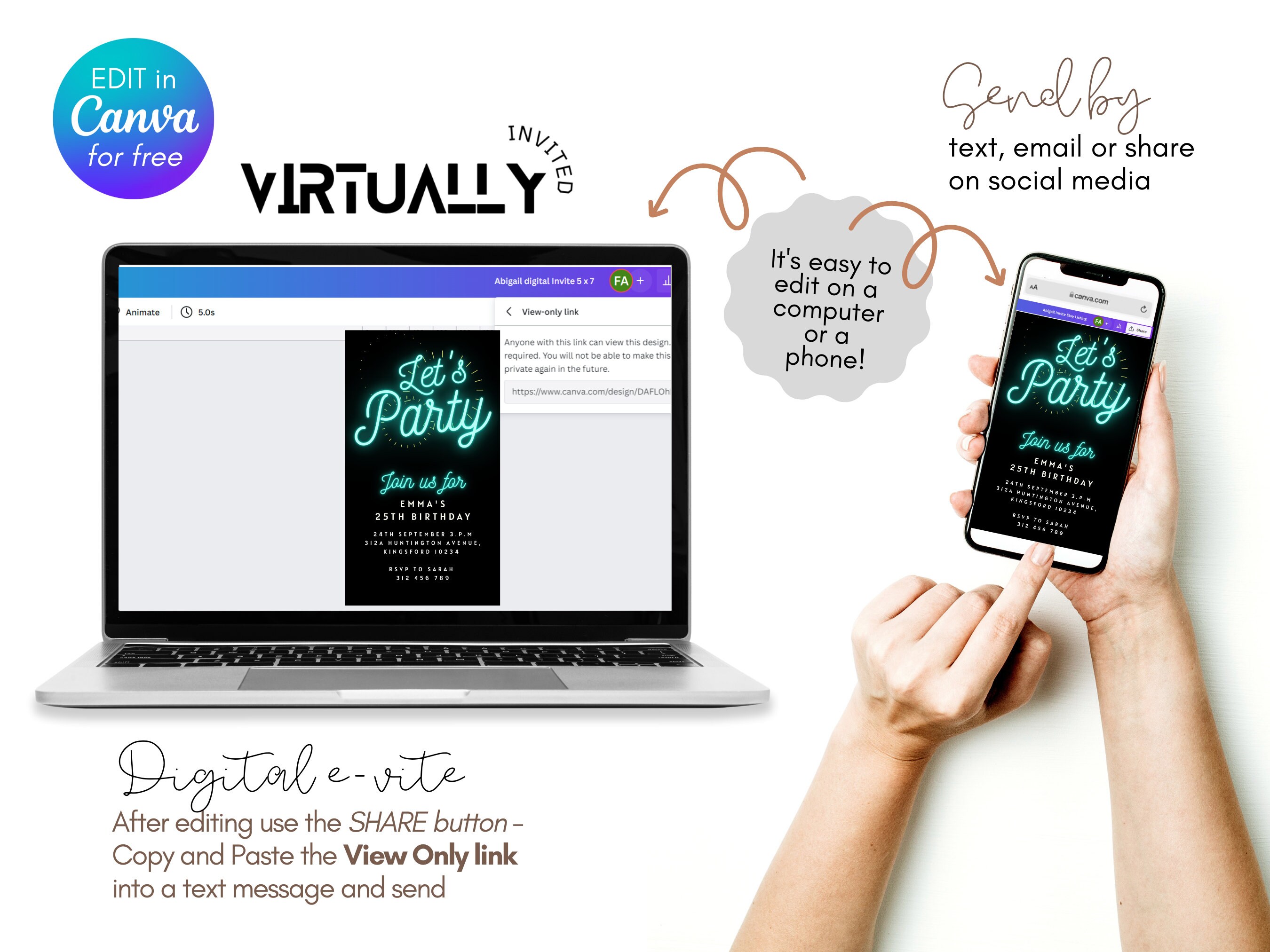 Editable Birthday Party Digital Invitation, Text Message Invitation ...
