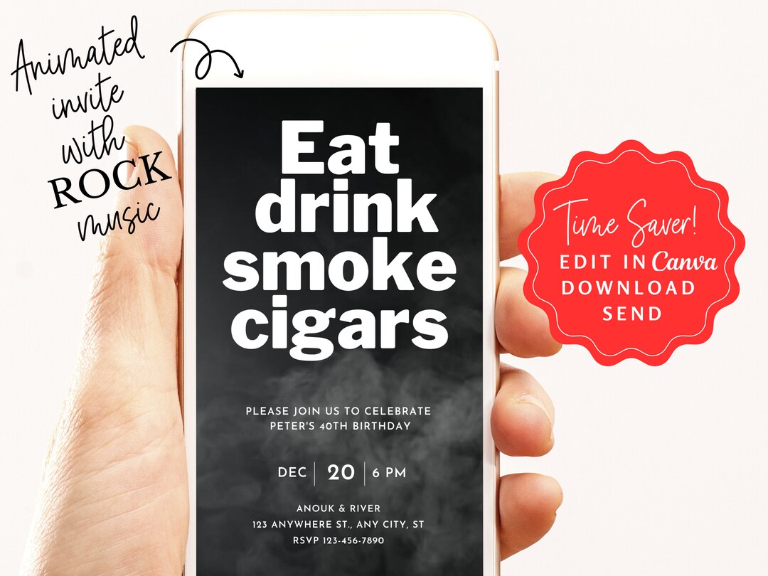 Eat Drink Smoke Cigars Digital Birthday Invitation Template, Text ...