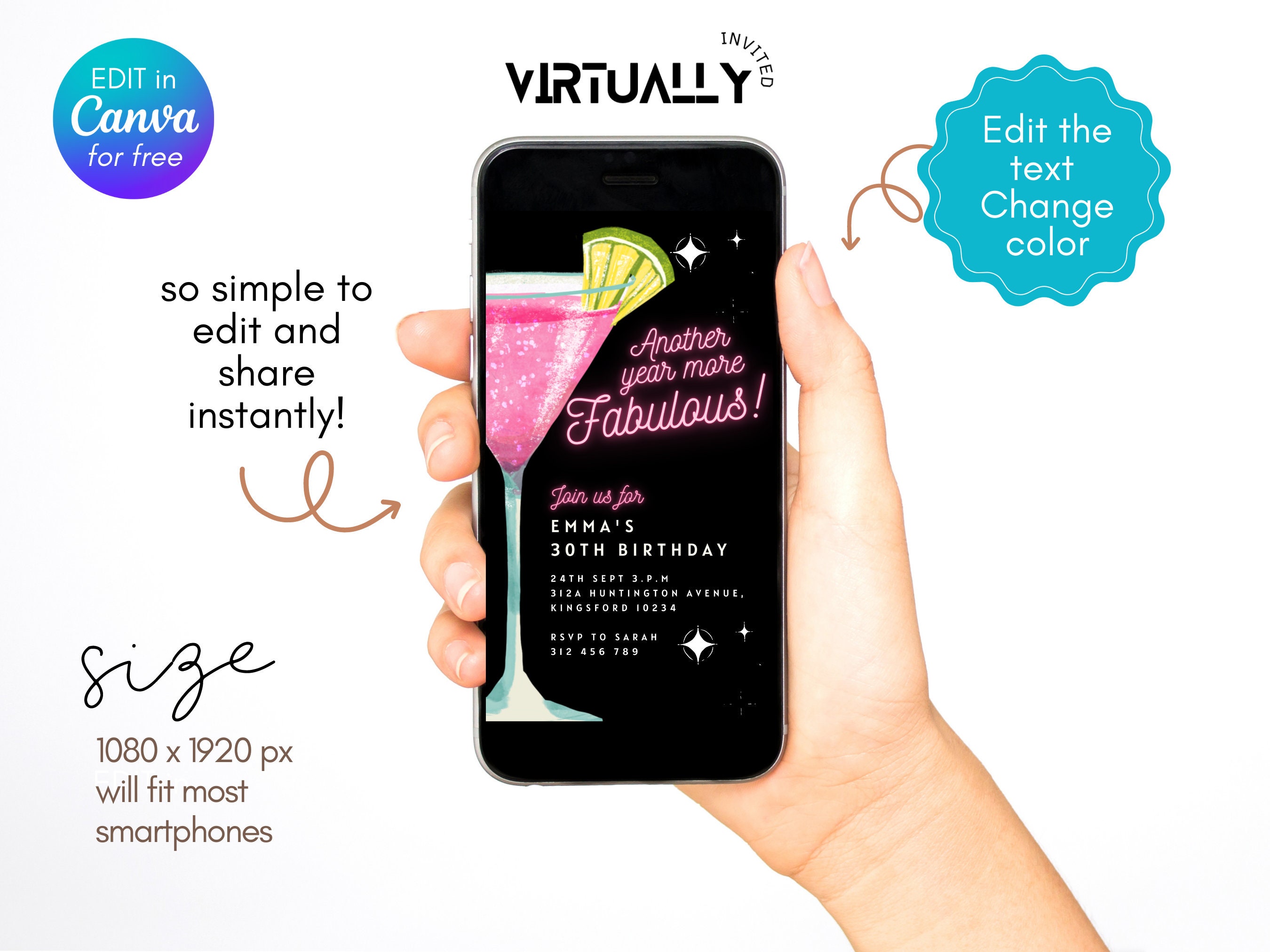 Cocktail Party Digital Invitation Template, Editable Mobile Invite, E-invite Phone Invitations ...