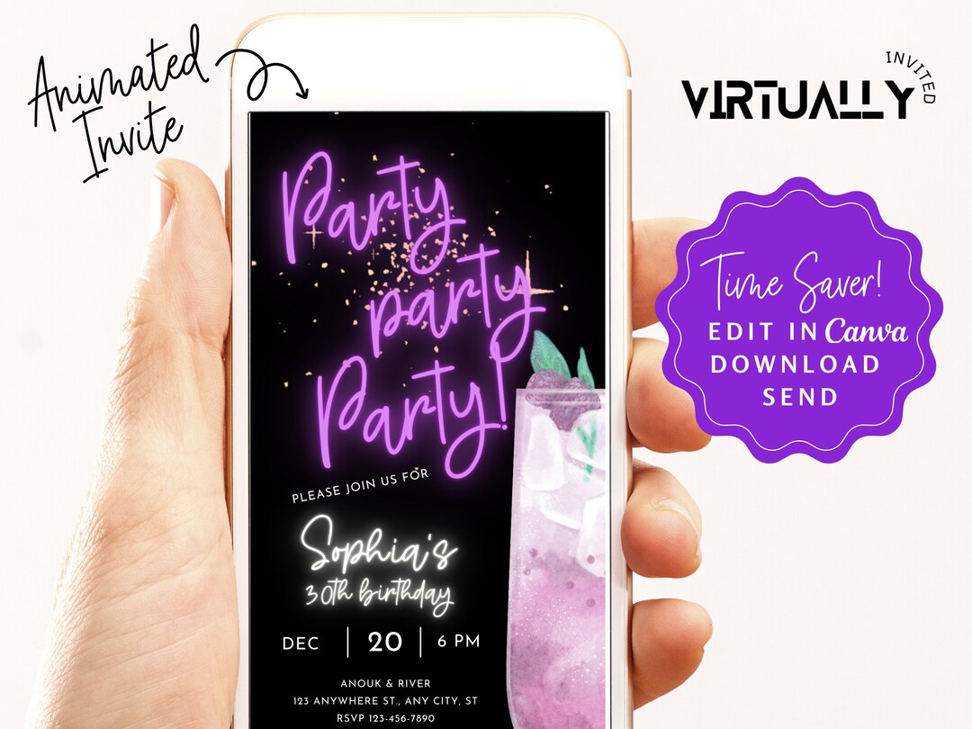 Purple Party Invitation Template, Editable Text Message Invitation ...