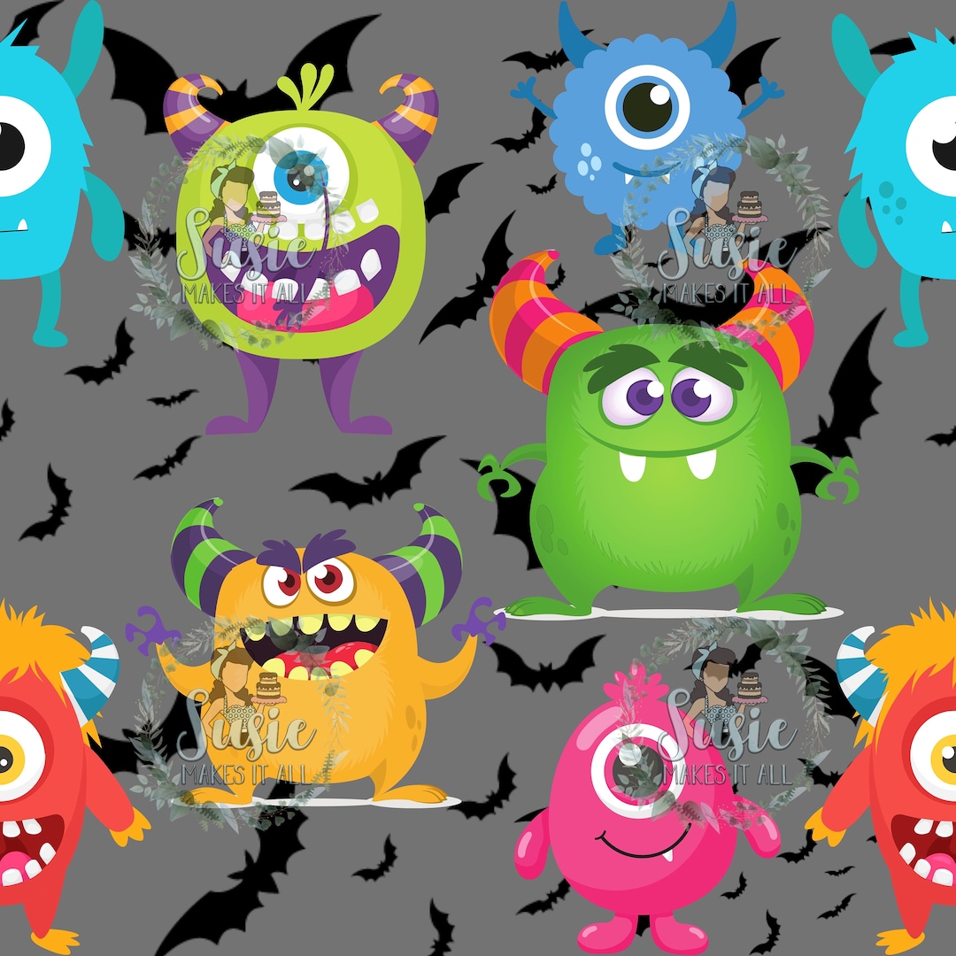 Cartoon Monsters and Bats on Grey Seamless File - Etsy