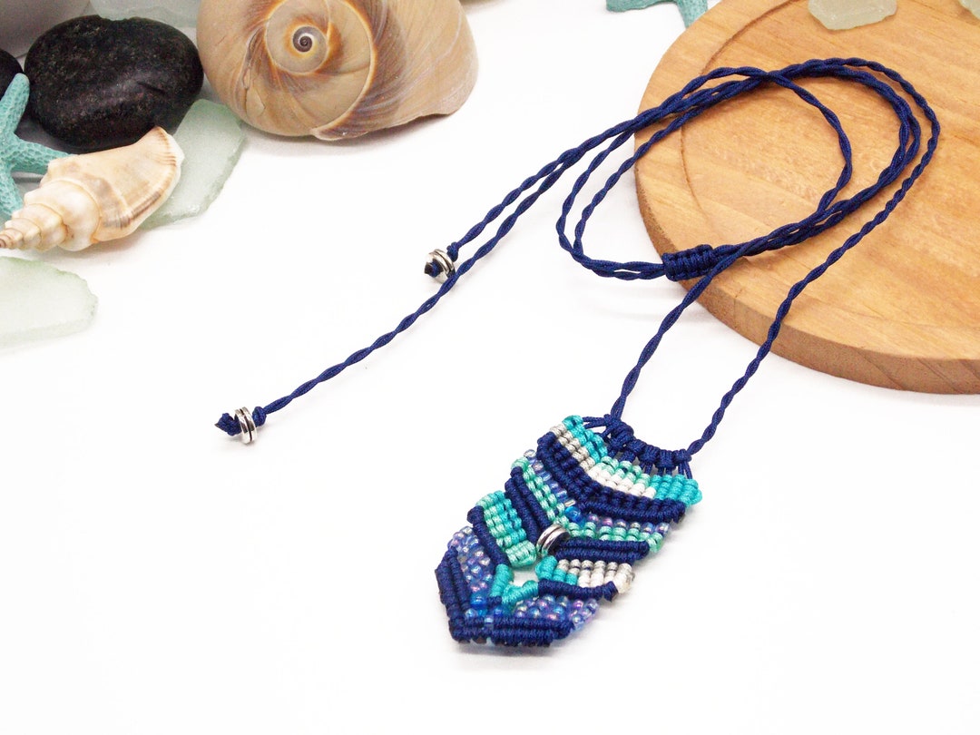 Blue Macrame Pendant Necklace: Adjustable Bohemian Jewelry, Hippie ...