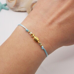 Minimalist Gold Fish on Baby Blue Thread Bracelet, Lucky Fish Armband ...