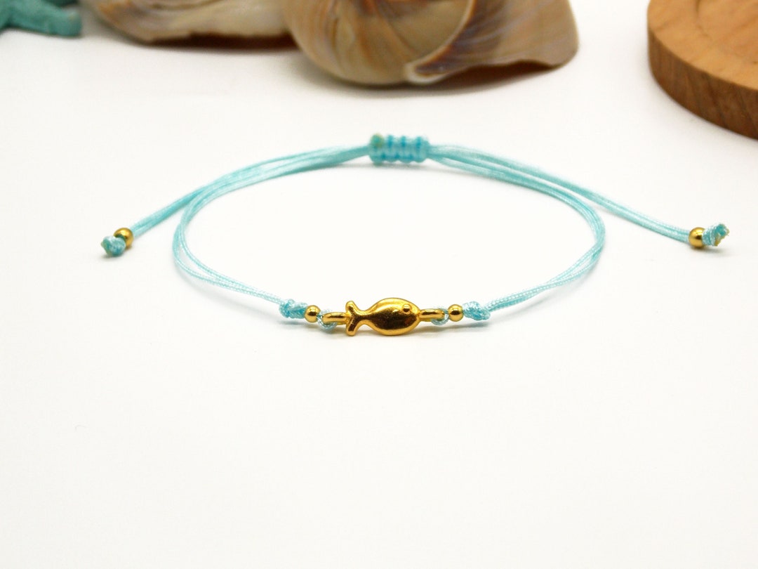 Minimalist Gold Fish on Baby Blue Thread Bracelet, Lucky Fish Armband ...