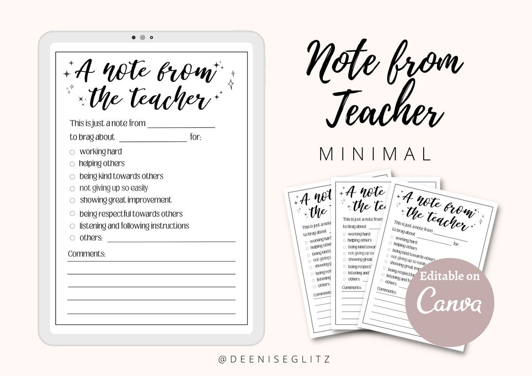 MINIMAL Note From Teacher,brag Card, Shout Out, Praise Cards, Student ...