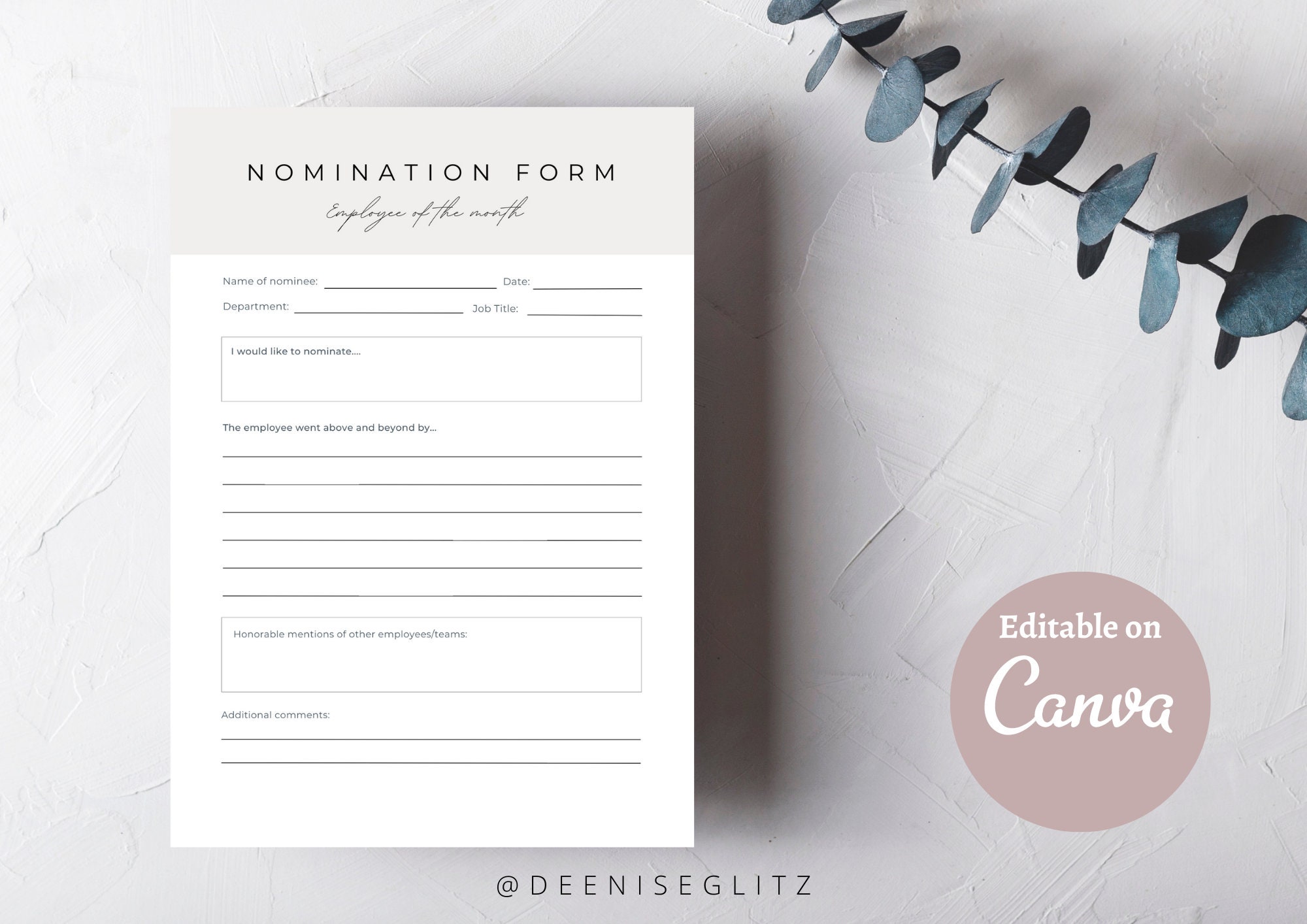 MINIMALIST Employee Nomination Form, Employee of the Month, Recognition ...