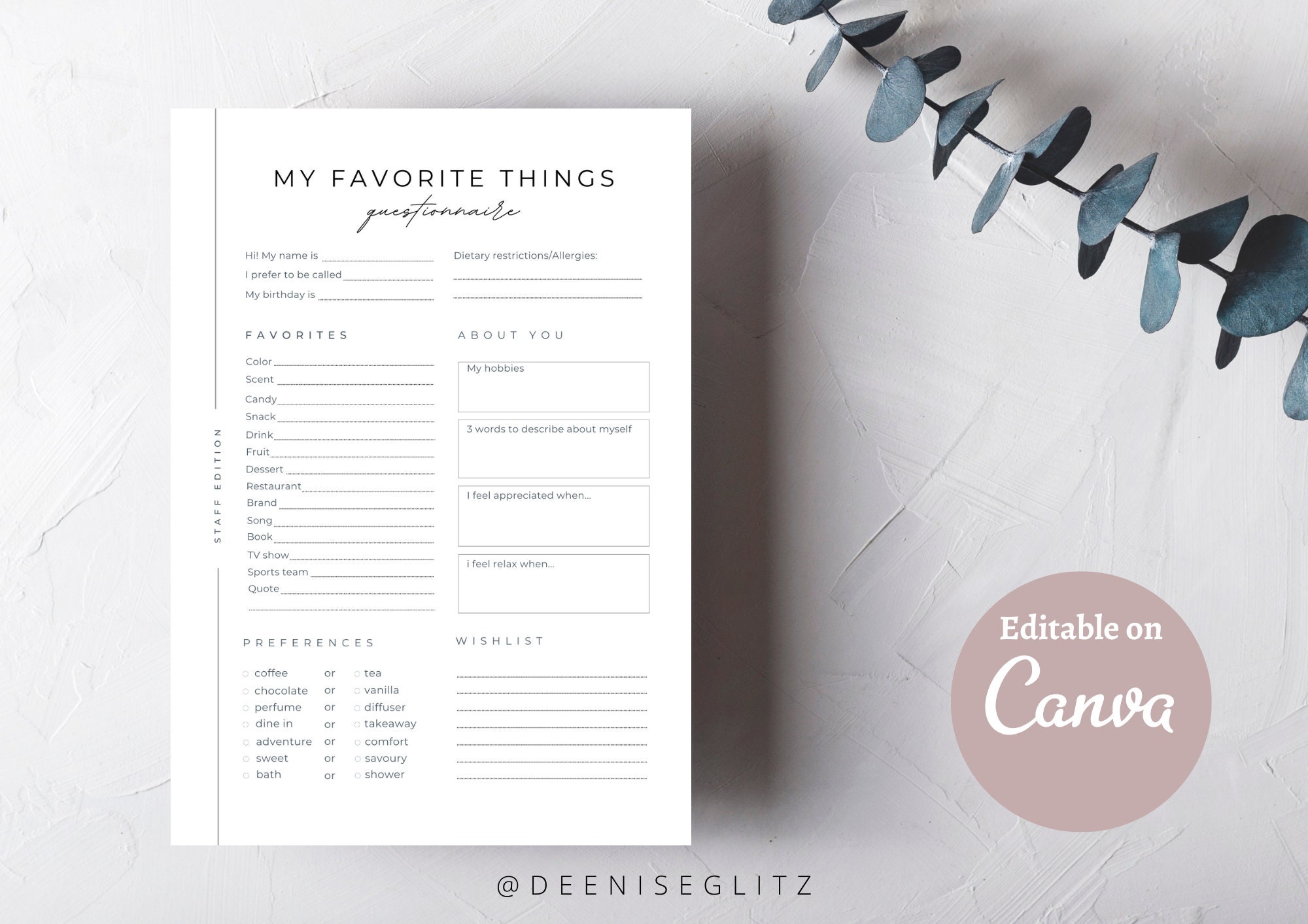 CLEAN MODERN Employee Favorites, My Favorite Things Questionnaire ...