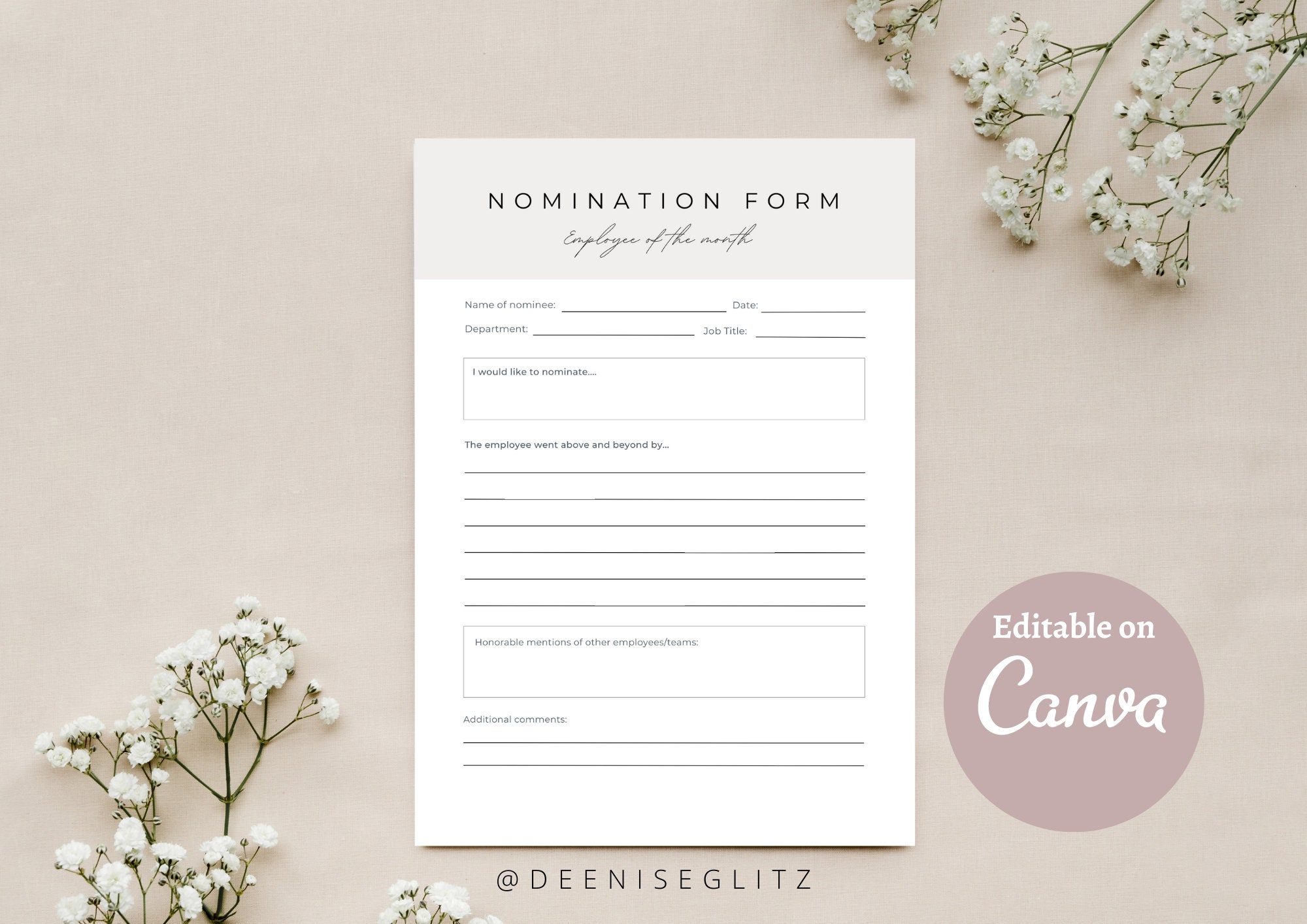 MINIMALIST Employee Nomination Form, Employee of the Month, Recognition ...