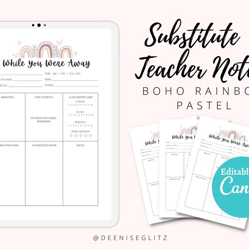 Printable Substitute Teacher While You Were Away Note Boho - Etsy
