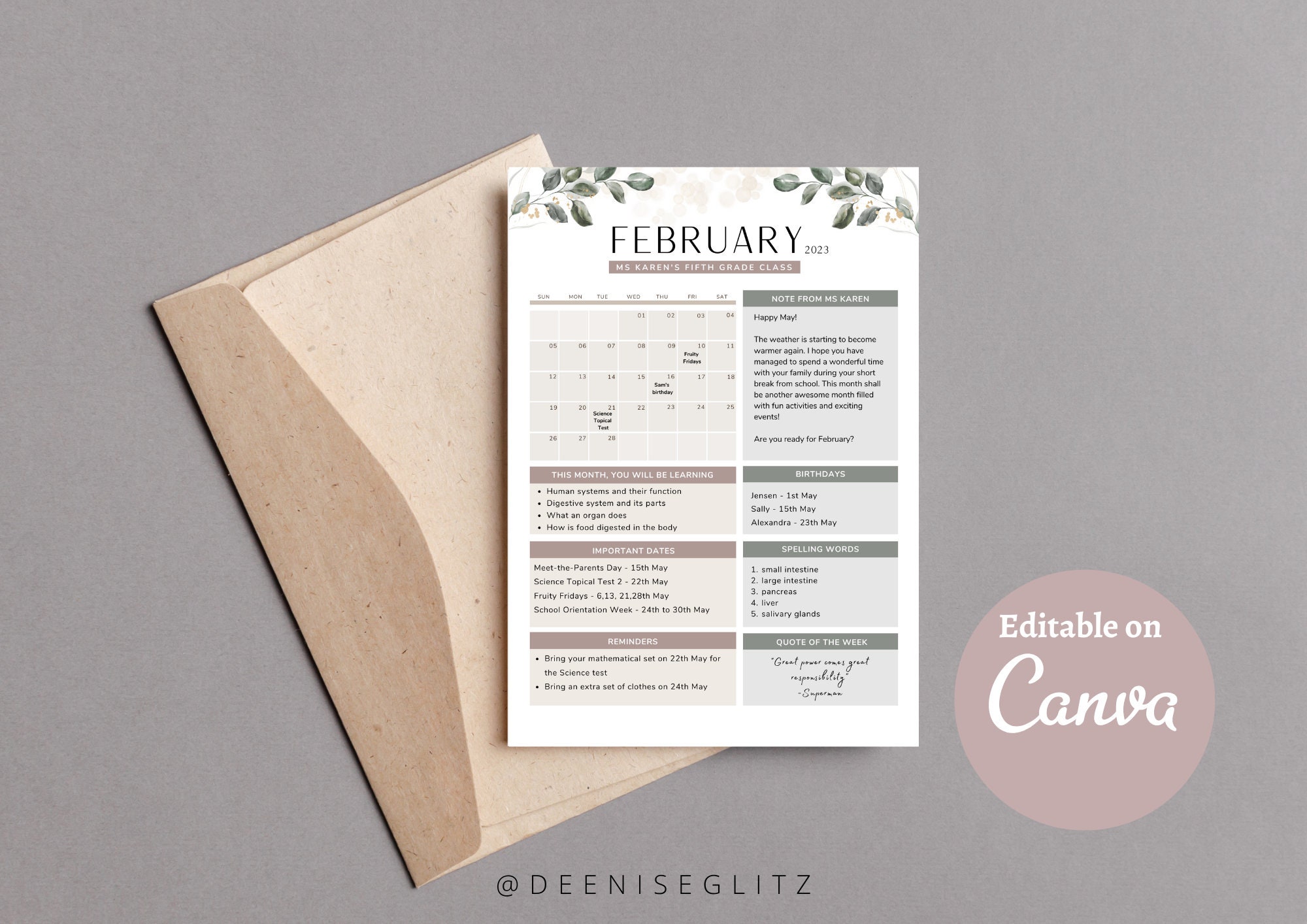 BOTANICAL Monthly Newsletter Template, Class Newsletter, School ...