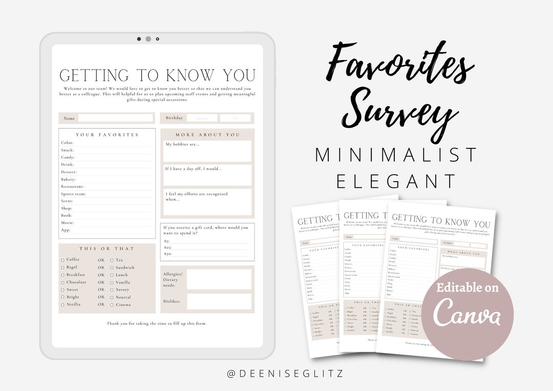 Employee Favorites Survey Template: Minimalist Printable (editable on ...
