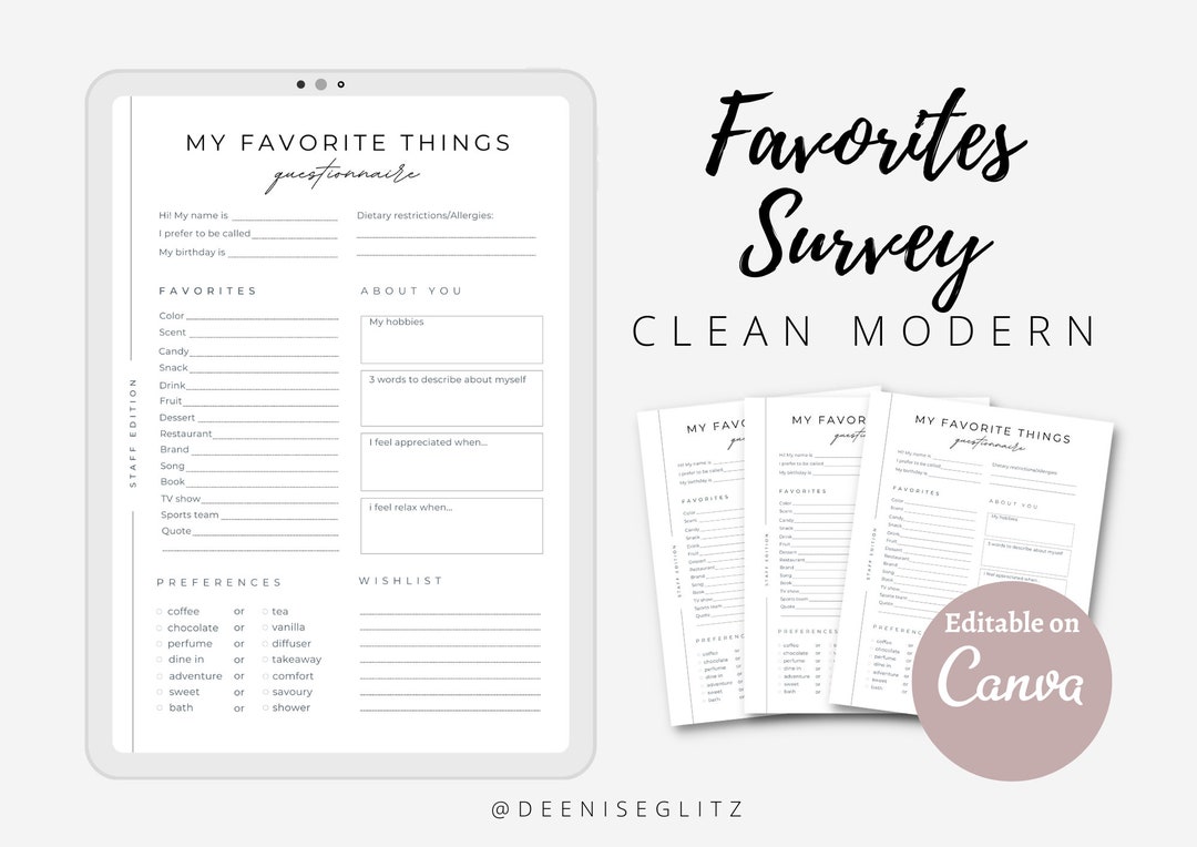 CLEAN MODERN Employee Favorites, My Favorite Things Questionnaire ...