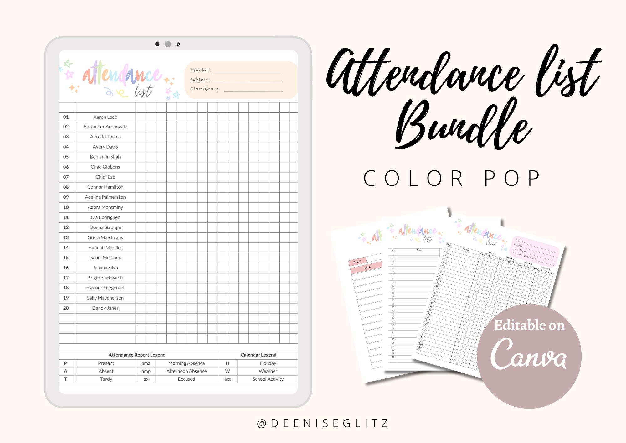 COLOR POP Attendance Sheet, Attendance Log, Class List, Classroom ...