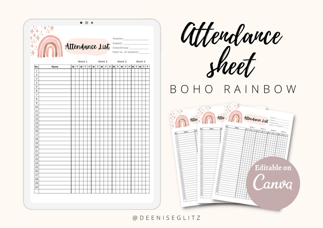 BOHO RAINBOW Attendance Sheet Attendance Log Class List - Etsy Australia