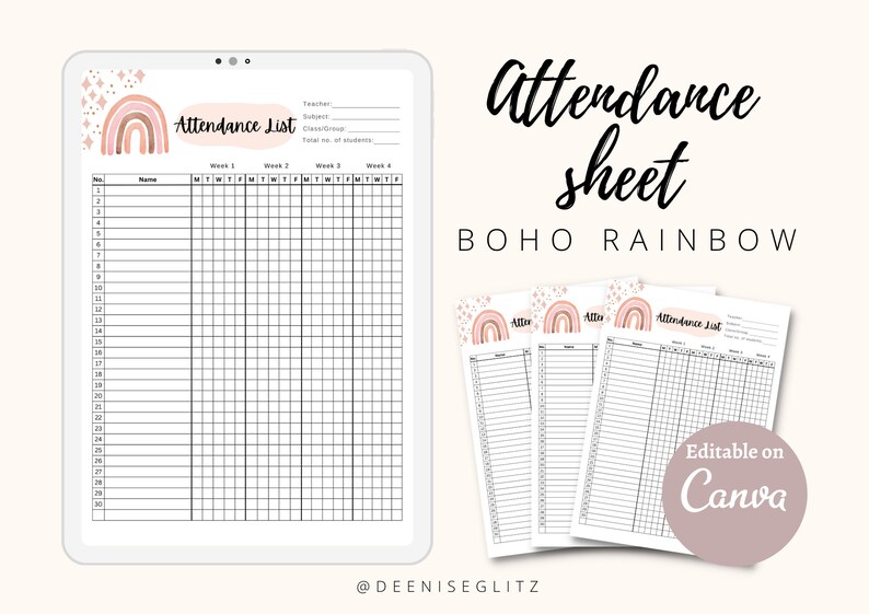 BOHO RAINBOW Attendance Sheet, Attendance Log, Class List, Classroom ...