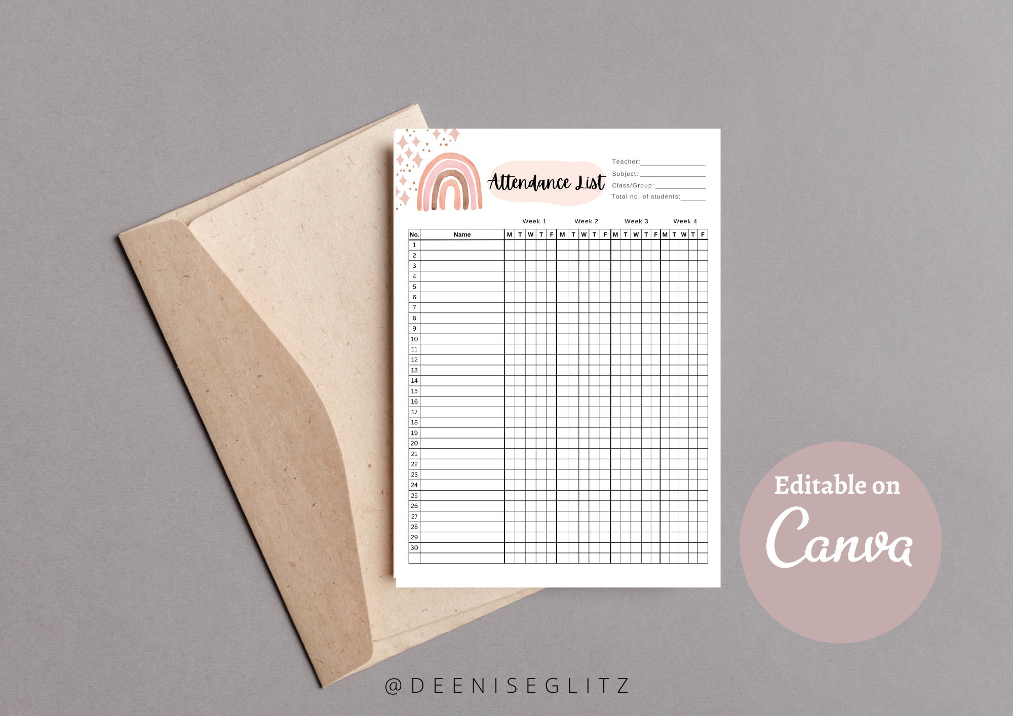 BOHO RAINBOW Attendance Sheet, Attendance Log, Class List, Classroom ...