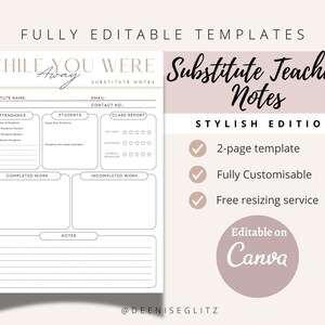STYLISH Substitute Teacher Printable, Substitute Teacher Note, While ...