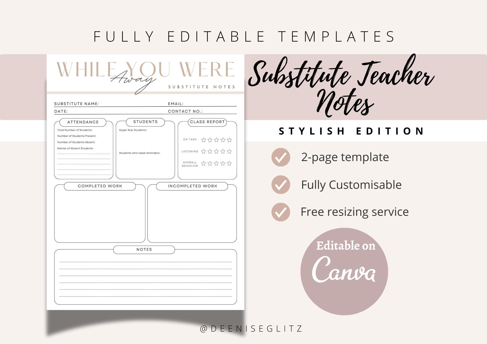 STYLISH Substitute Teacher Printable, Substitute Teacher Note, While ...
