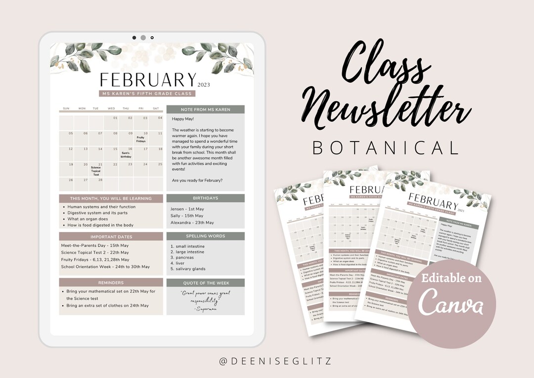 BOTANICAL Monthly Newsletter Template, Class Newsletter, School ...