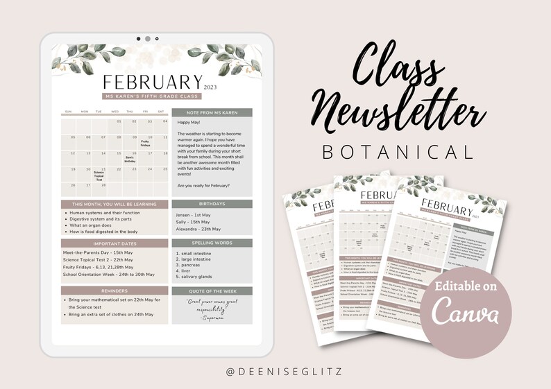 BOTANICAL Monthly Newsletter Template, Class Newsletter, School ...