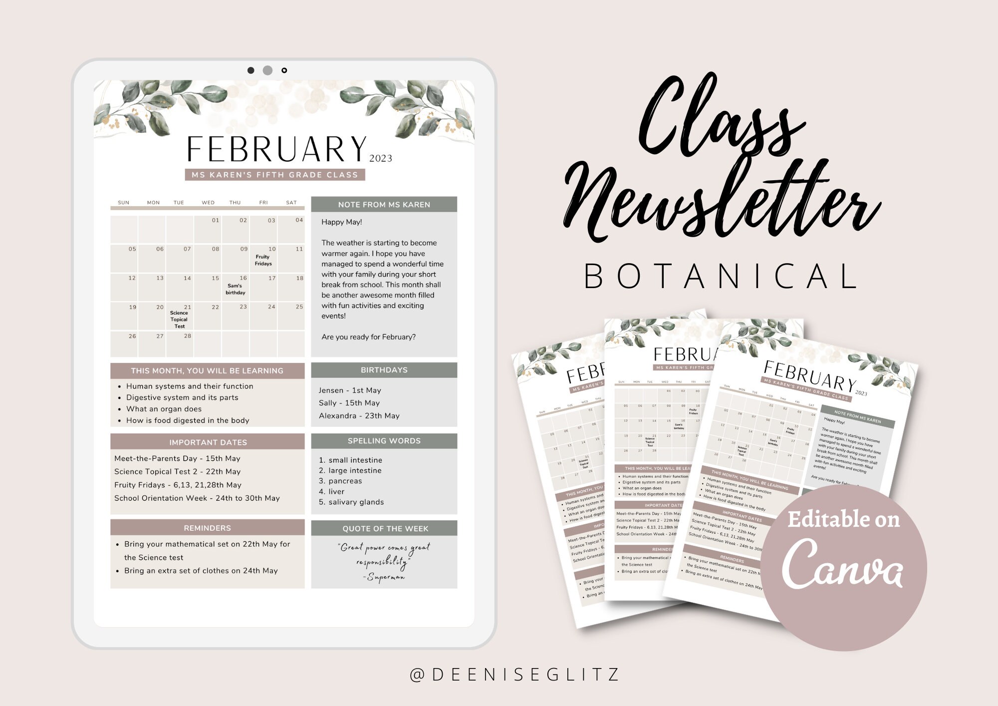 BOTANICAL Monthly Newsletter Template, Class Newsletter, School ...