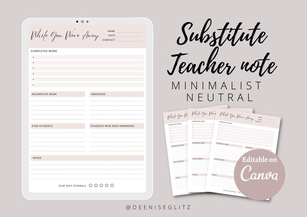 Middle/high School Substitute Teacher Notemultiple Class Substitute ...