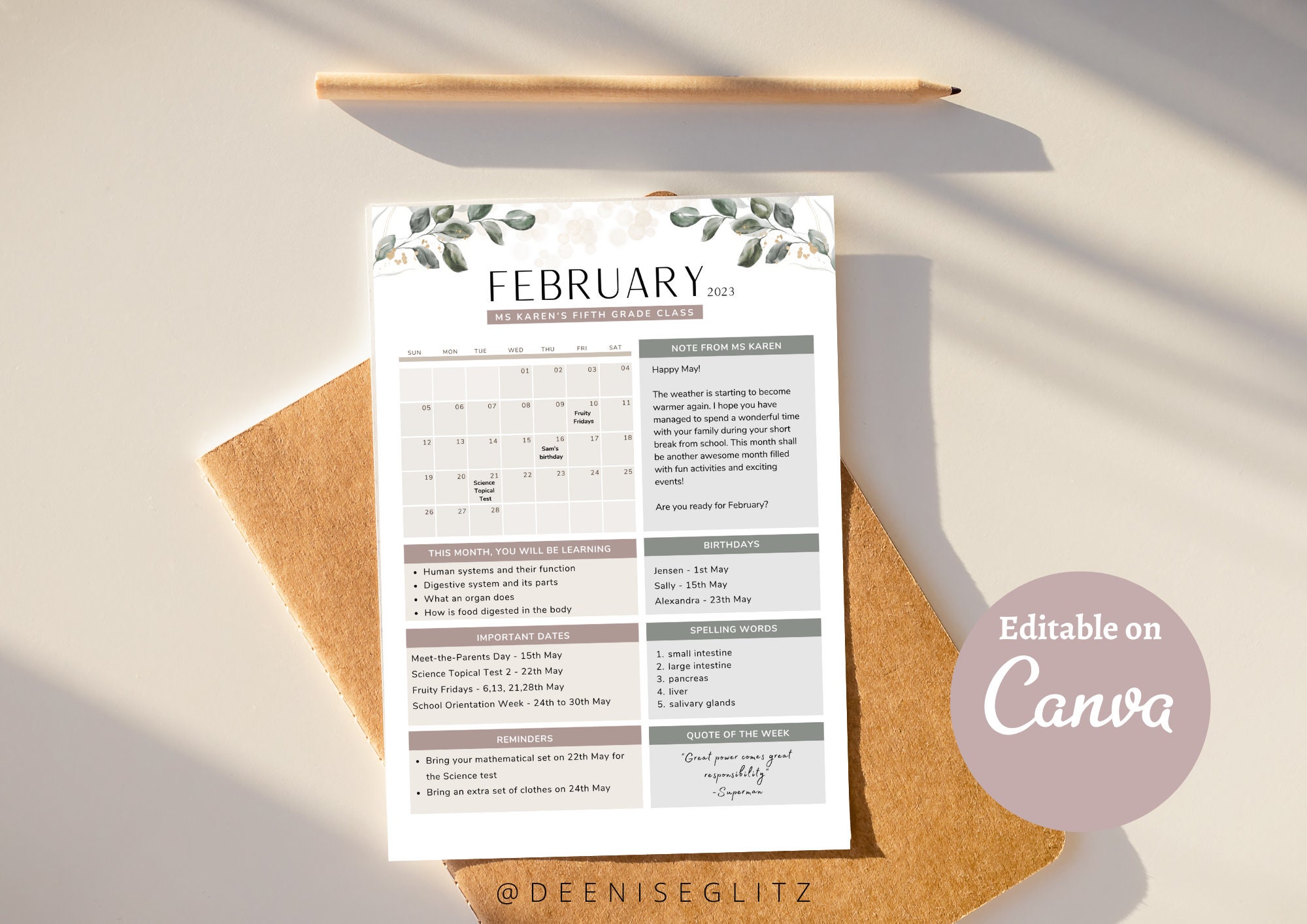 BOTANICAL Monthly Newsletter Template, Class Newsletter, School ...