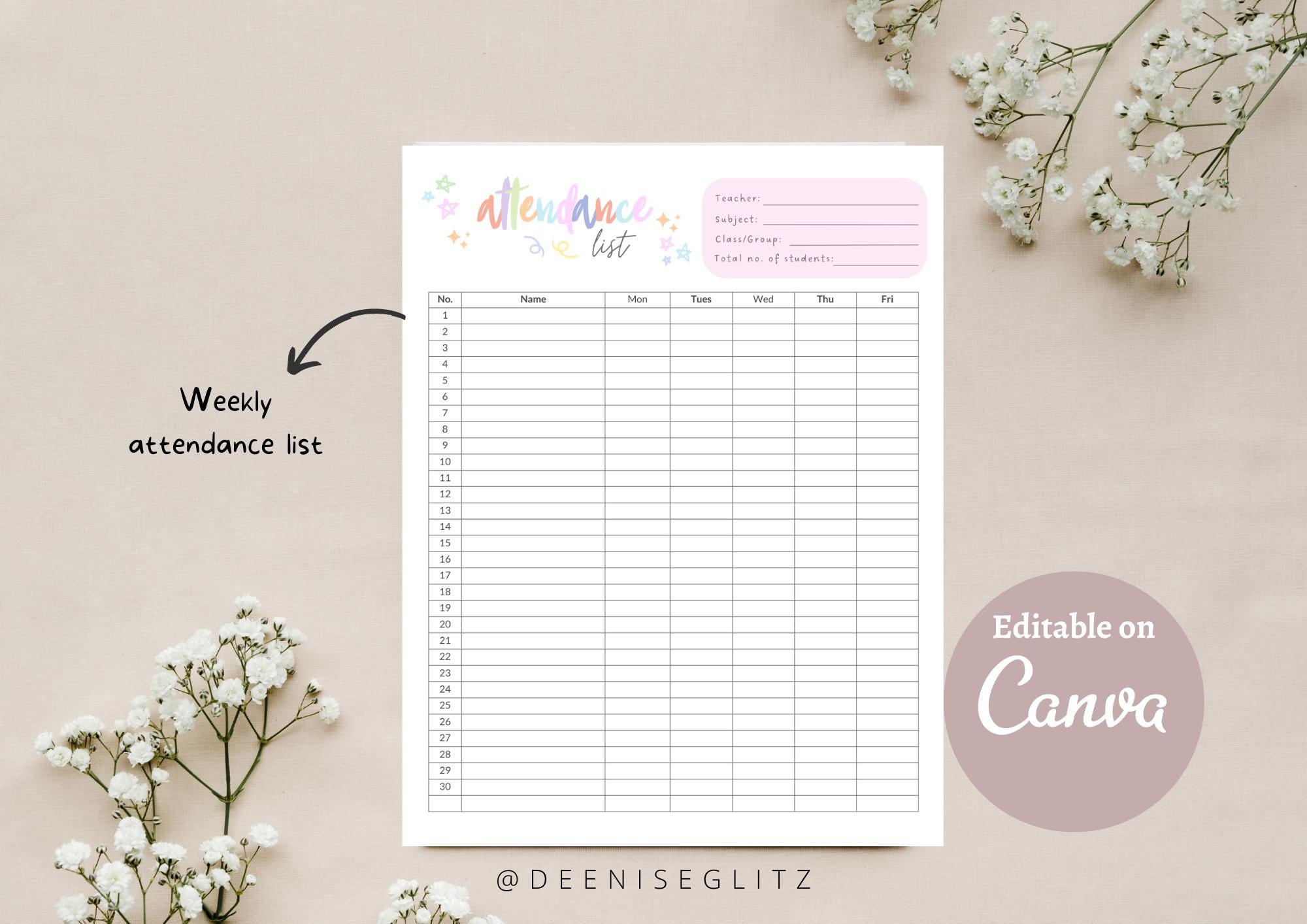 COLOR POP Attendance Sheet, Attendance Log, Class List, Classroom ...