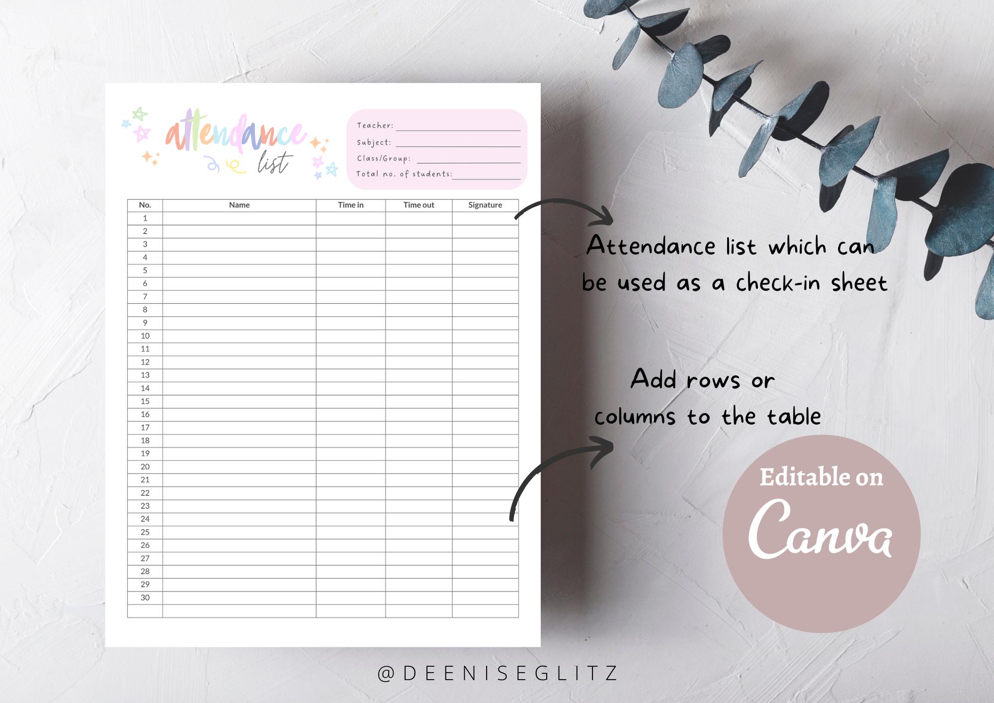 COLOR POP Attendance Sheet, Attendance Log, Class List, Classroom ...
