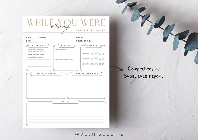 STYLISH Substitute Teacher Printable, Substitute Teacher Note, While ...