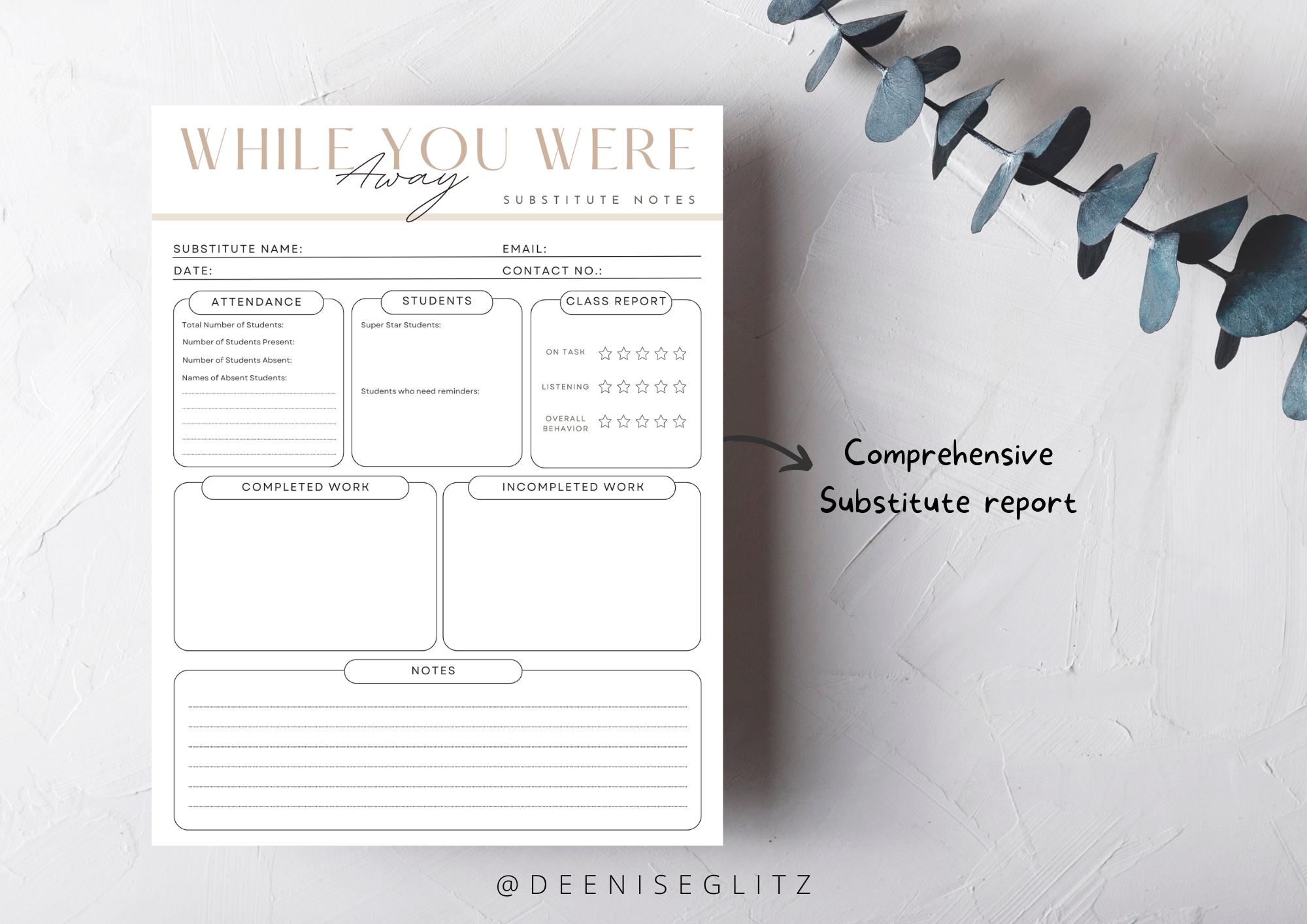 STYLISH Substitute Teacher Printable, Substitute Teacher Note, While ...