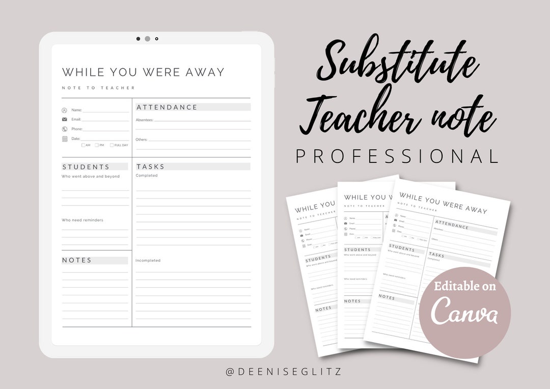 PROFESSIONAL Substitute Teacher Printable, Substitute Teacher Note ...