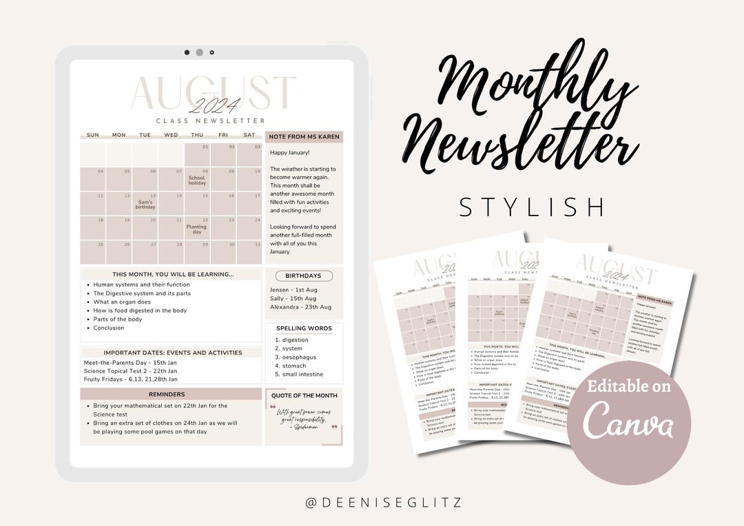 STYLISH August 2024 Monthly Newsletter Template, Classroom Newsletter ...
