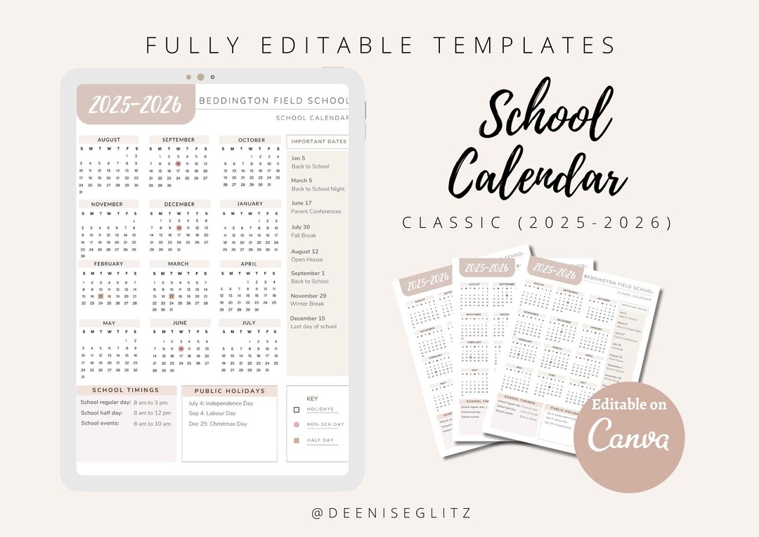 Modèle de calendrier scolaire 2025-2026 : modifiable sur Canva (PDF ...