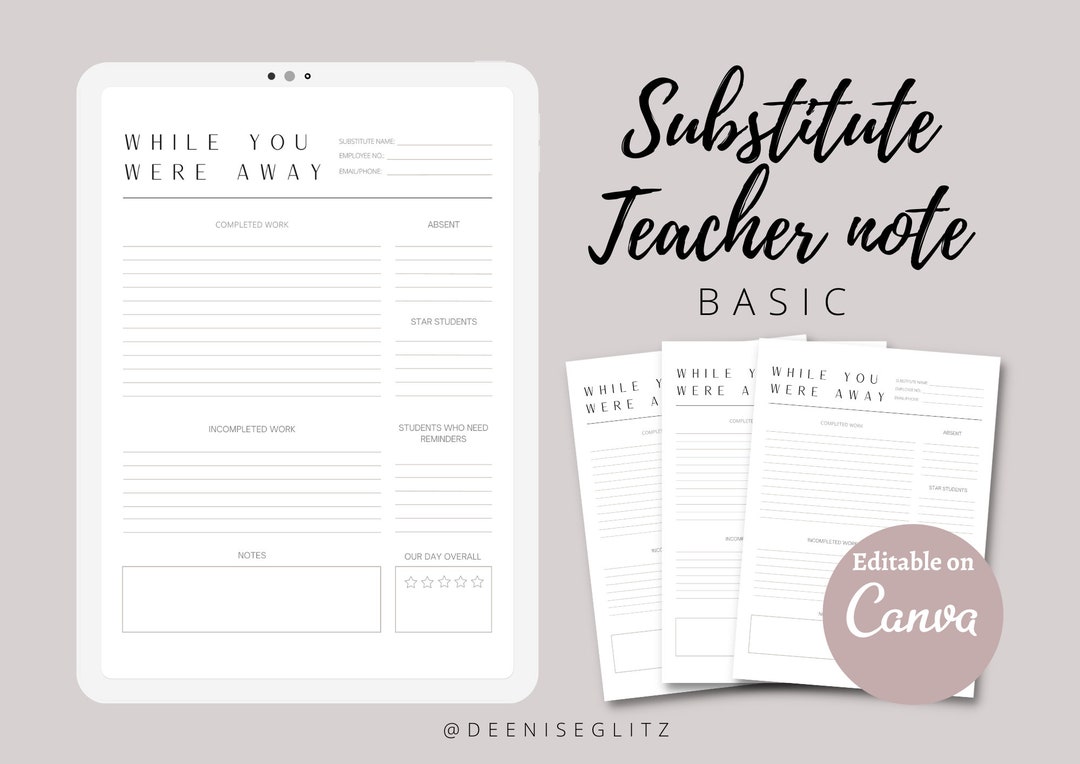 BASIC Substitute Teacher Note, Teacher Printable, Note to Classroom ...