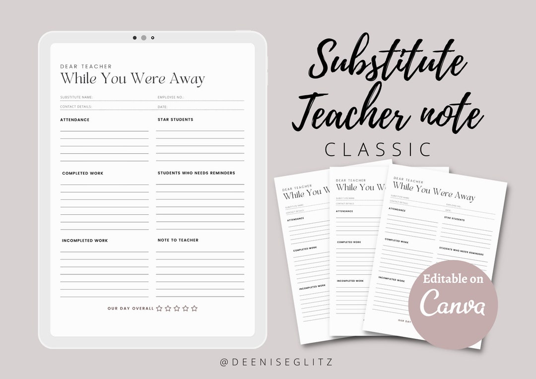 CLASSIC Substitute Teacher Note Template, While You Were Away, Note to ...