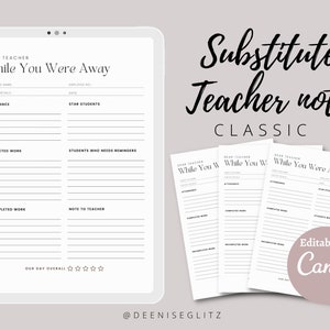 CLASSIC Substitute Teacher Note Template, While You Were Away, Note to ...