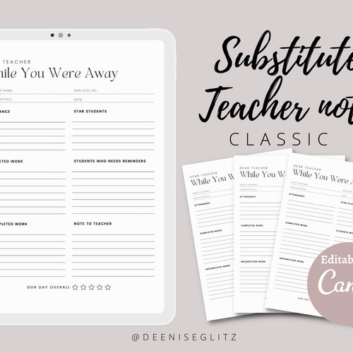 Printable Substitute Teacher Note While You Were Away Note - Etsy